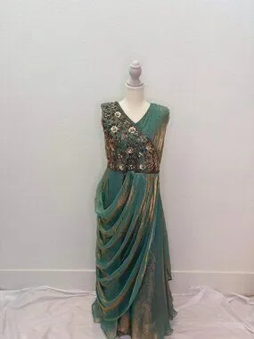 Dresses | Girls Teal Blue Draped Saree Gown Embellished Party Wear ...